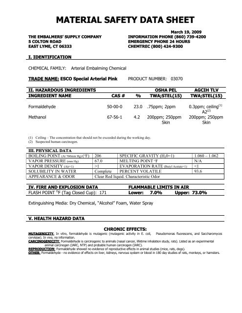 MATERIAL SAFETY DATA SHEET - Embalming Supply Company
