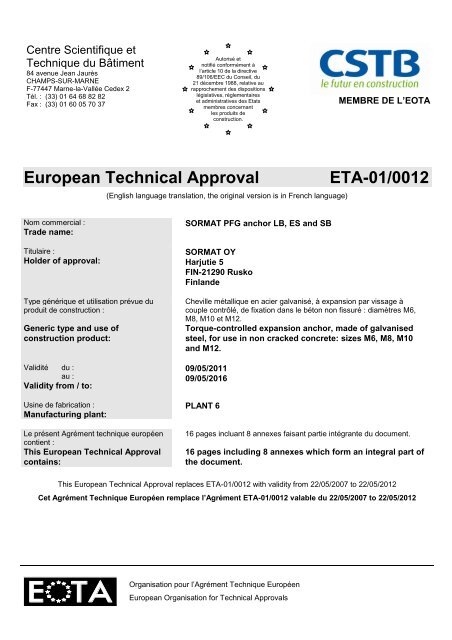 European Technical Approval ETA-01/0012