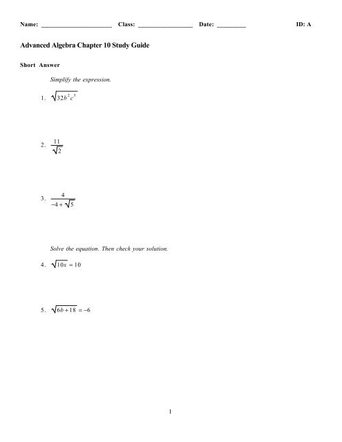 Advanced Algebra Chapter 10 Study Guide Key