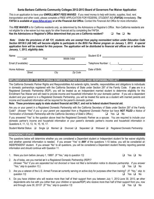 Board of Governor's Fee Waiver (BOGW) - Santa Barbara City College