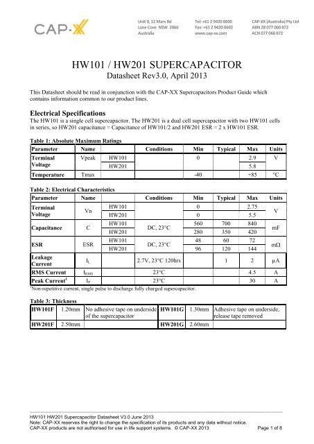 HW101 & HW201 Datasheets v3.0 - Cap-XX