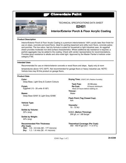View Technical Data Sheet (PDF) 20-0200 - Cloverdale Paint