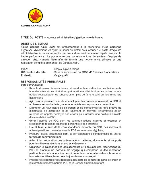 TITRE DU POSTE â adjointe administrative ... - Alpine Canada