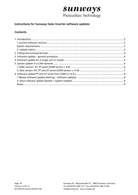 Instructions for Sunways Solar Inverter software ... - Sunways AG