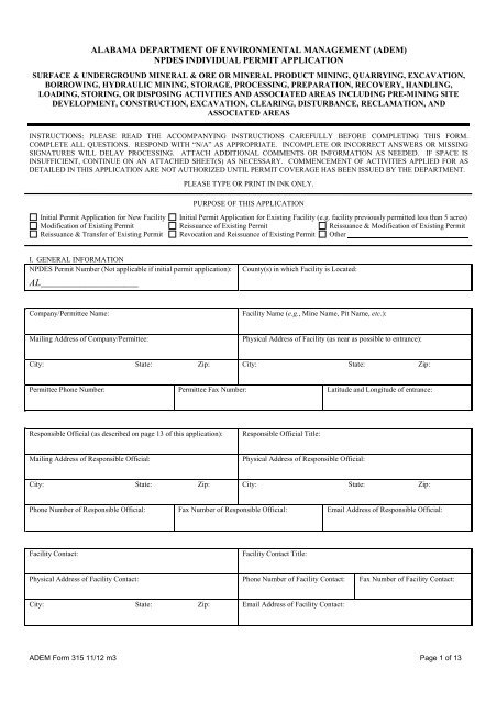 ADEM Field Operation Division NPDES Individual Permit Application