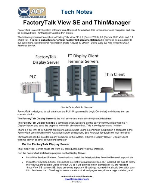 Rockwell FactoryTalk View SE and ThinManager Rockwell FactoryTalk View SE and ThinManager