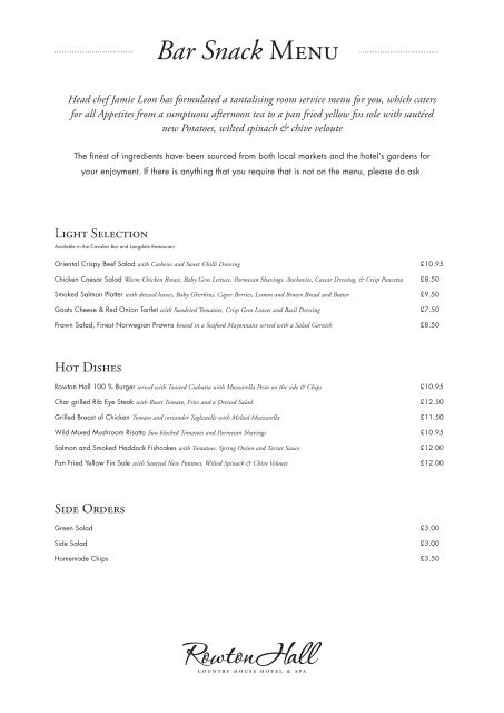 Bar Snack Menu - Rowton Hall Hotel
