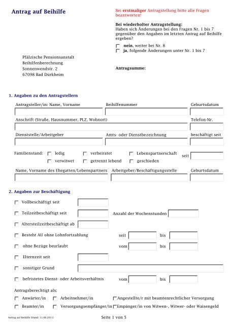 Beihilfeantrag - PfÃ¤lzische Pensionsanstalt