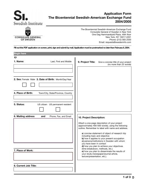 Application Form The Bicentennial Swedish ... - Sweden Abroad