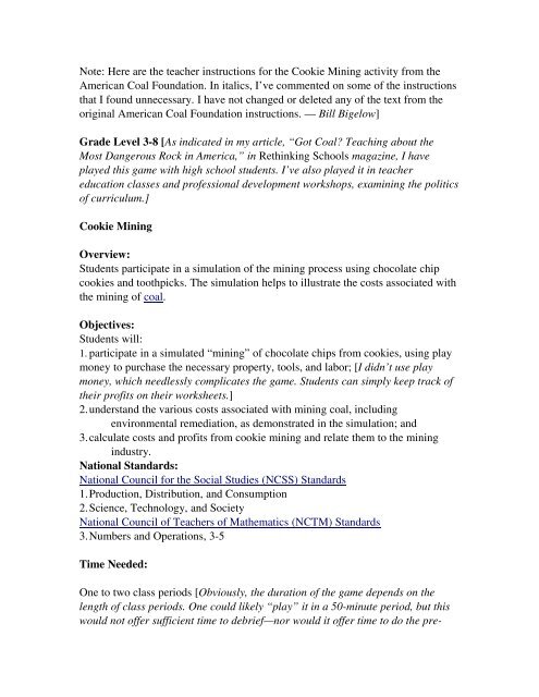 Note: Here are the teacher instructions for the Cookie Mining activity ...