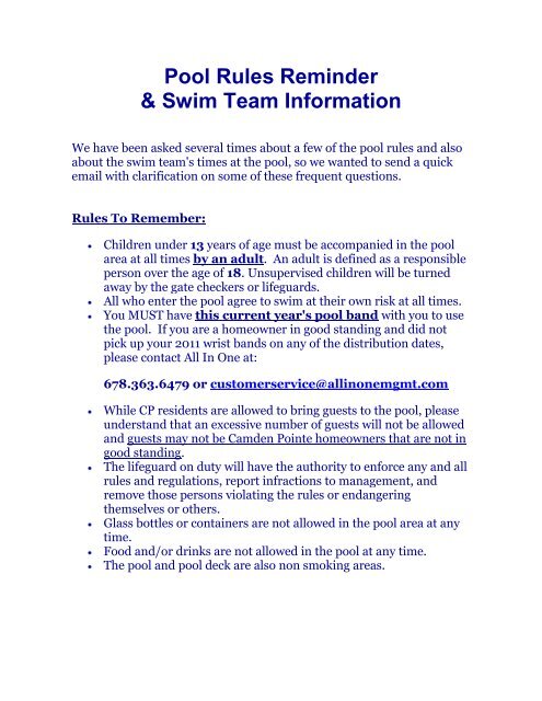 Pool Rules Reminder & Swim Team Information - Camden Pointe