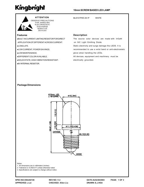 10mm SCREW BASED LED LAMP Features Package Dimensions ...