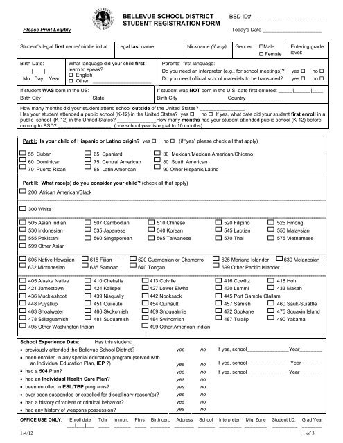 BSD Student Registration Form - Bellevue School District