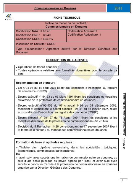 Commissionnaire en Douanes - ANSEJ