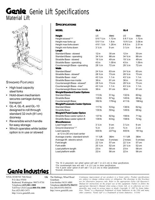 Genie Lift Specifications
