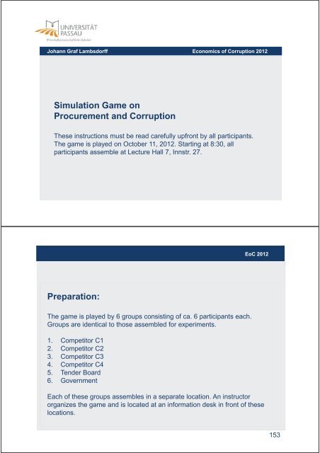 Simulation Game on Procurement and Corruption Preparation: