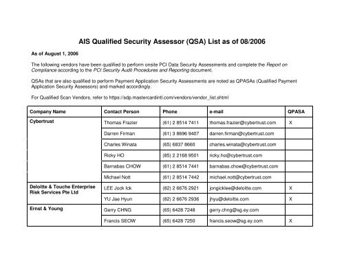AIS Qualified Security Assessor (QSA) List as of ... - Visa Asia Pacific