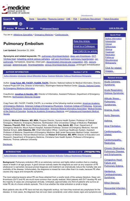 eMedicine - Pulmonary Embolism : Article by Craig ... - The Blue Guitar