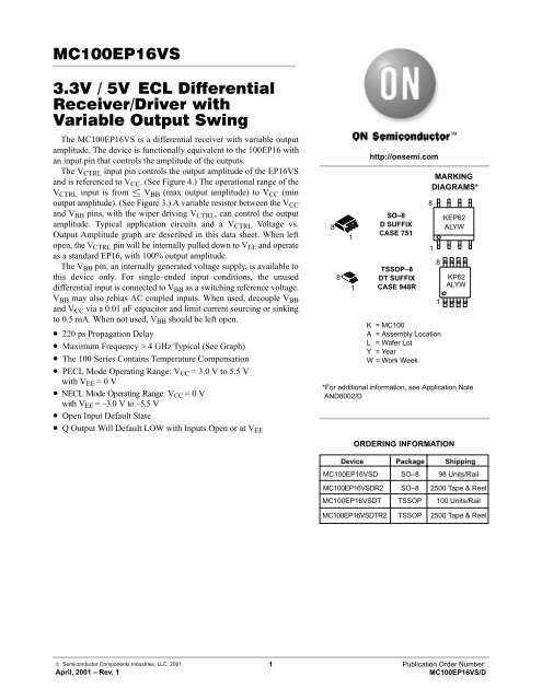 MC100EP16VS 3.3V / 5V ECL Differential Receiver/Driver with ...