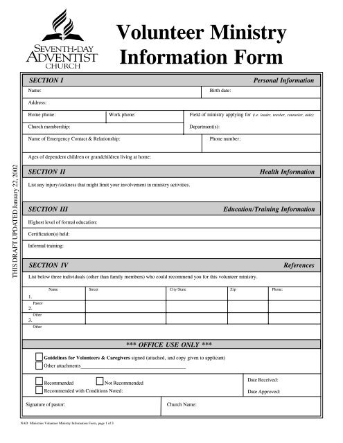 Volunteer Ministry Information Form