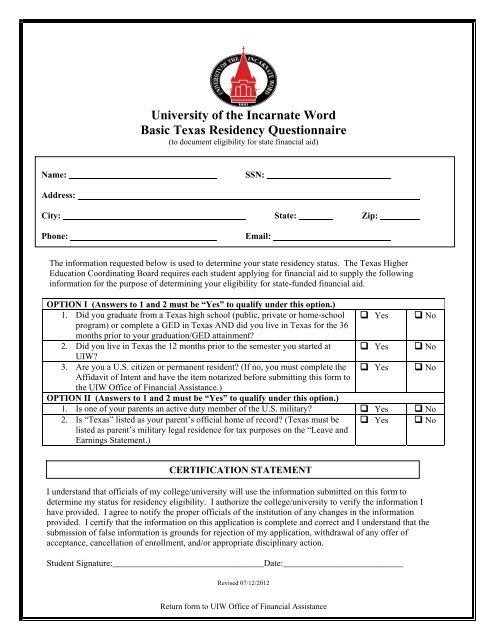 University of the Incarnate Word Basic Texas Residency Questionnaire