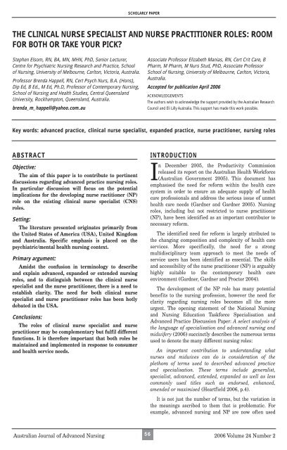 the clinical nurse specialist and nurse practitioner roles - Australian ...