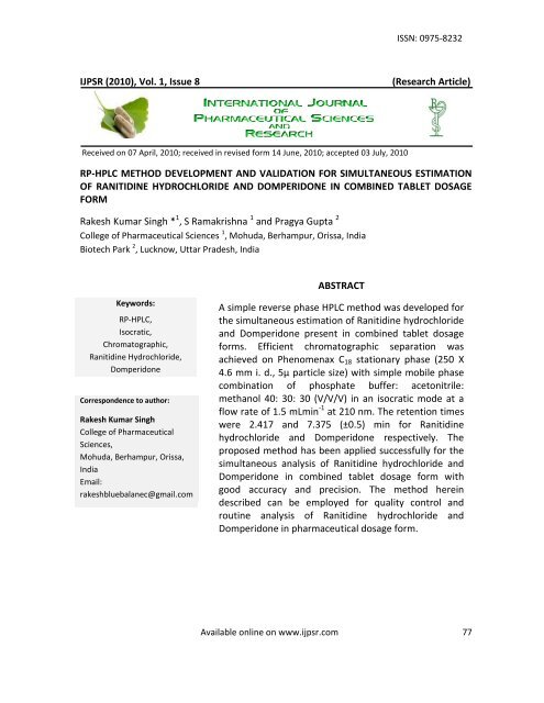 IJPSR (2009), Issue 1, Vol - International Journal of Pharmaceutical ...