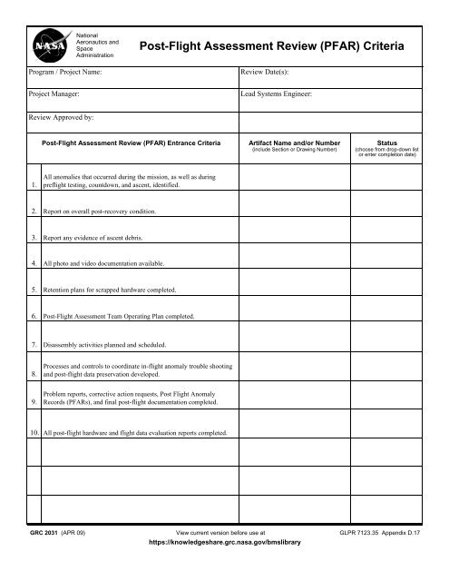 Post-Flight Assessment Review (PFAR) Criteria - NASA