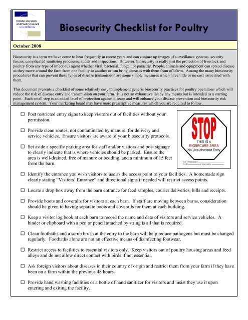 On-Farm biosecurity check lists for poultry and general livestock