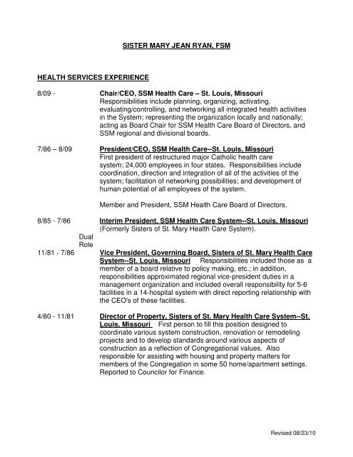 SISTER MARY JEAN RYAN, FSM HEALTH ... - SSM Health Care