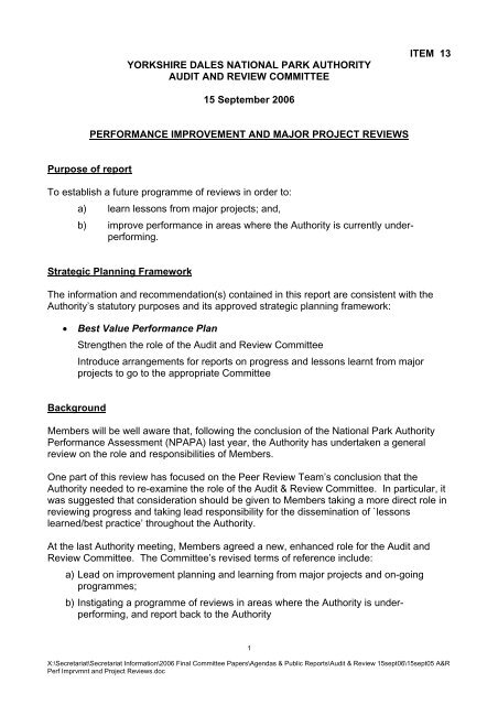 Performance Improvement and Major Project Reviews