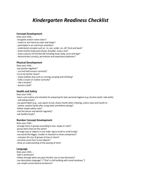 Kindergarten Readiness Checklist