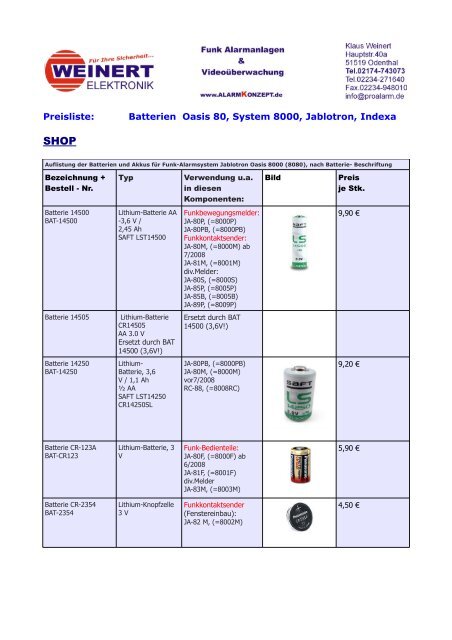 Batterien Oasis 80, System 8000, Jablotron ... - Alarmkonzept.de