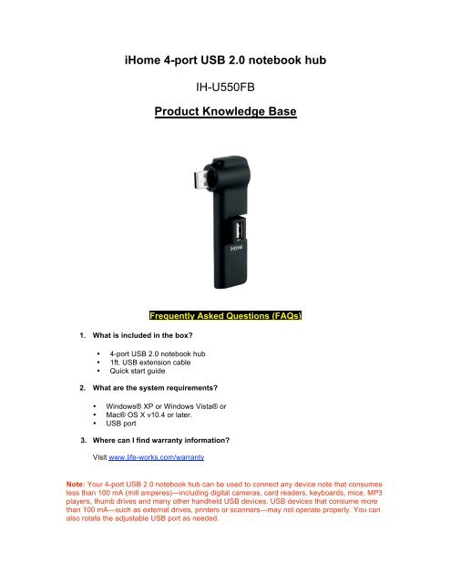 iHome 4-port USB 2.0 notebook hub