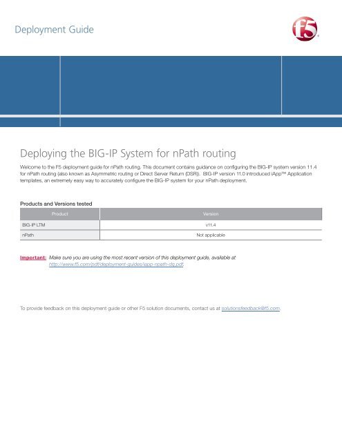 Deploying the BIG-IP System for nPath Routing - F5 Networks