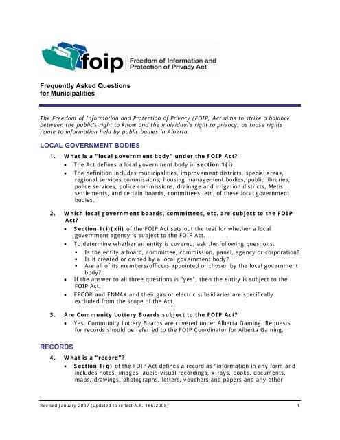 FOIP Frequently Asked Questions for Municipalities - Service Alberta