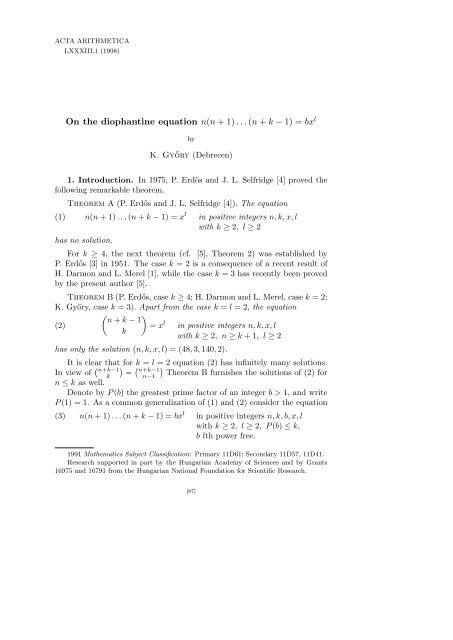 On the diophantine equation n(n + 1)...