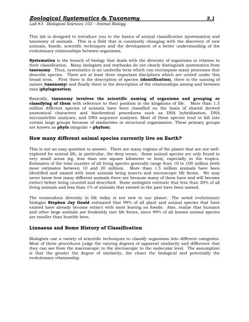 Zoological Systematics & Taxonomy - Biosciweb.net