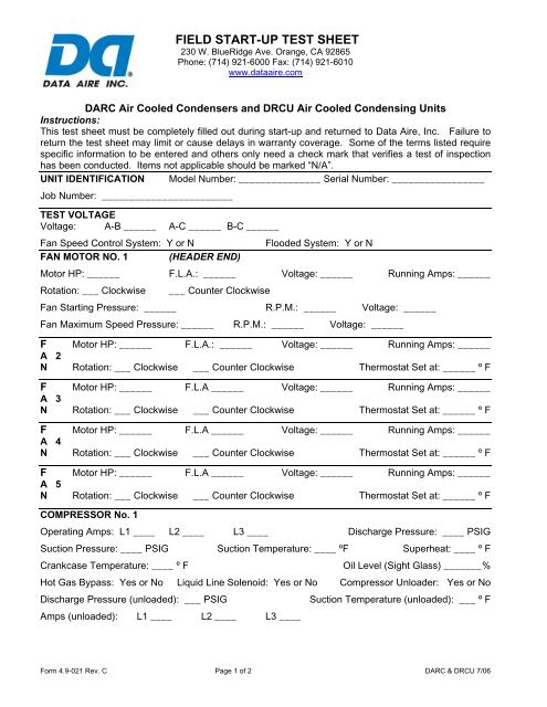 Field Start-up Test Sheet DARC and DRCU - Data Aire