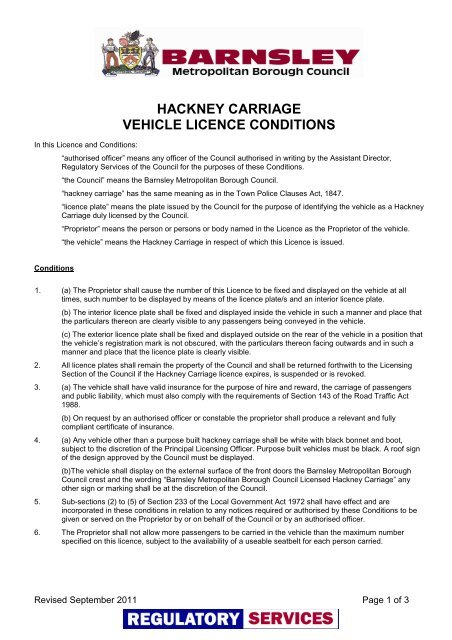 Hackney Carriage Vehicle Licence Conditions - Barnsley Council ...