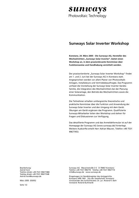 Sunways Solar Inverter Workshop - Sunways AG