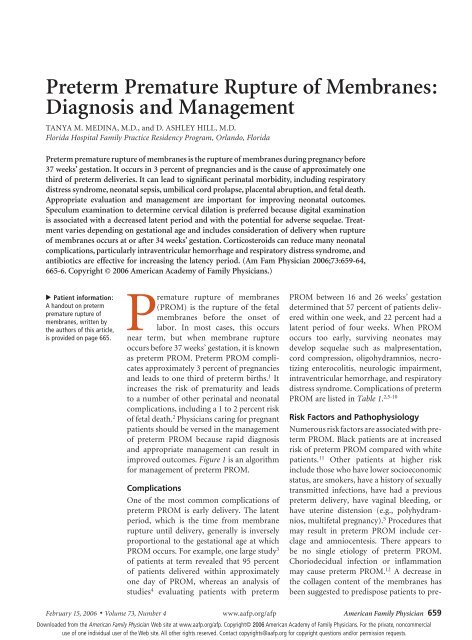 Preterm Premature Rupture of Membranes: Diagnosis and ...
