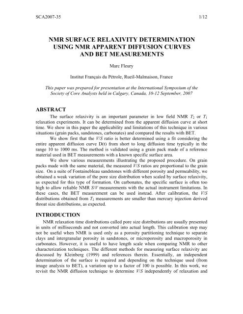 NMR SURFACE RELAXIVITY DETERMINATION USING ... - SCAWeb NMR SURFACE RELAXIVITY DETERMINATION USING ... - SCAWeb