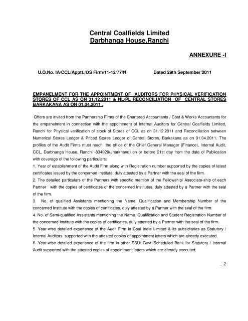 Central Coalfields Limited Darbhanga House,Ranchi - CCL
