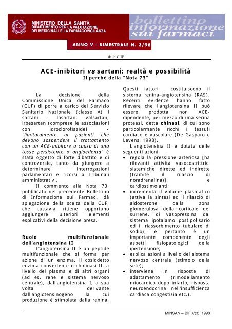 ACE-inibitori vs sartani: realtÃ e possibilitÃ - Ministero della Salute