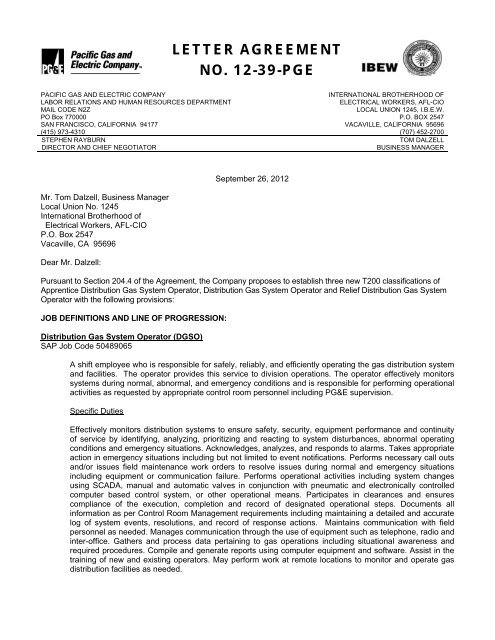 LETTER AGREEMENT NO. 12-39-PGE - IBEW Local 1245