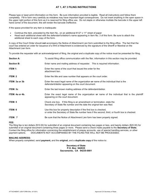 Attachment AT-1 form for filing with Secretary of State