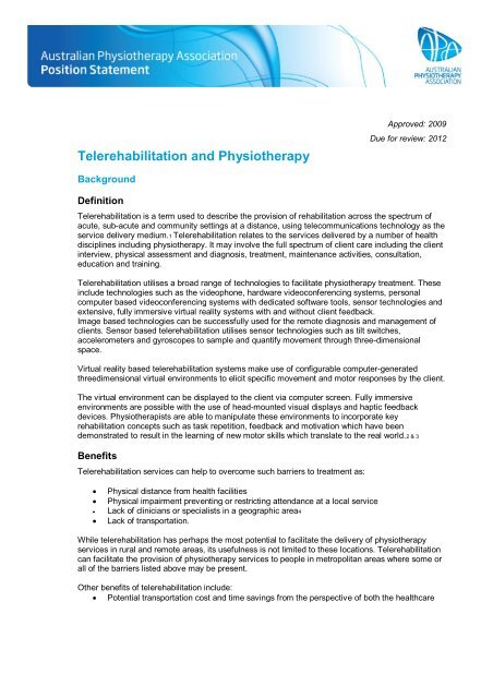 Telerehabilitation and Physiotherapy - Australian Physiotherapy ...
