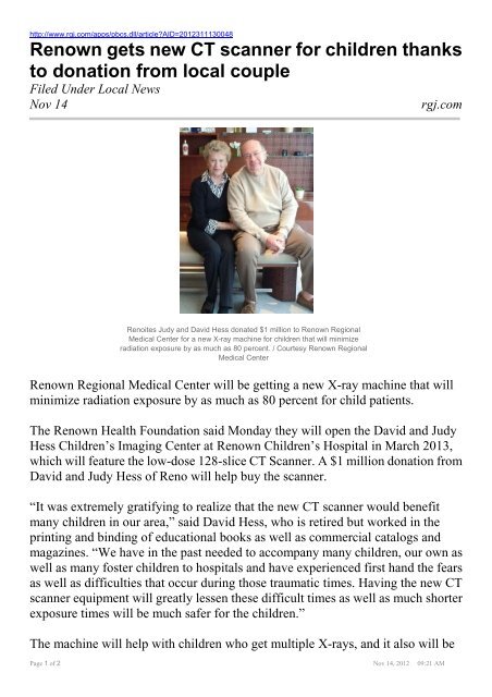 Renown gets new CT scanner for children thanks ... - Renown Health