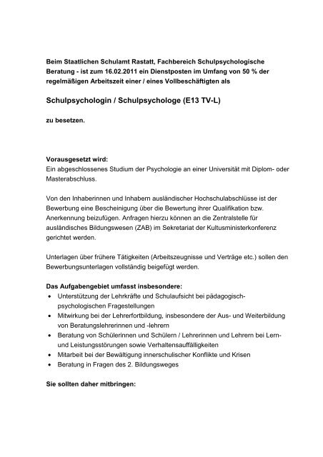 Schulpsychologin / Schulpsychologe (E13 TV-L) - Schulpsychologie